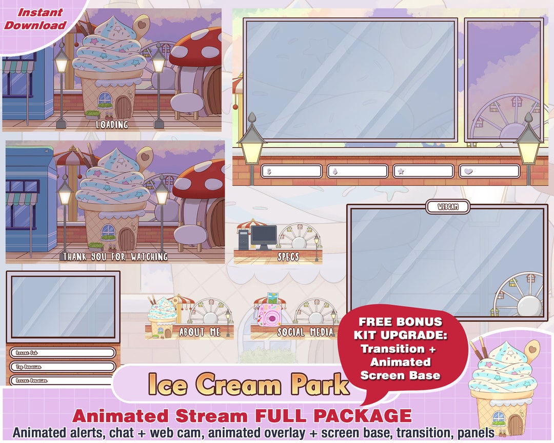Animated Ice Cream Themepark Twitch Package, Cute Twitch Overlay ...