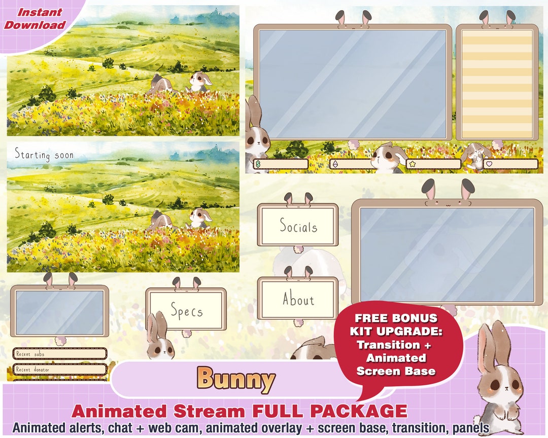 Animated Bunny Twitch Package, Kawaii Twitch Overlay, Panels, Alerts ...