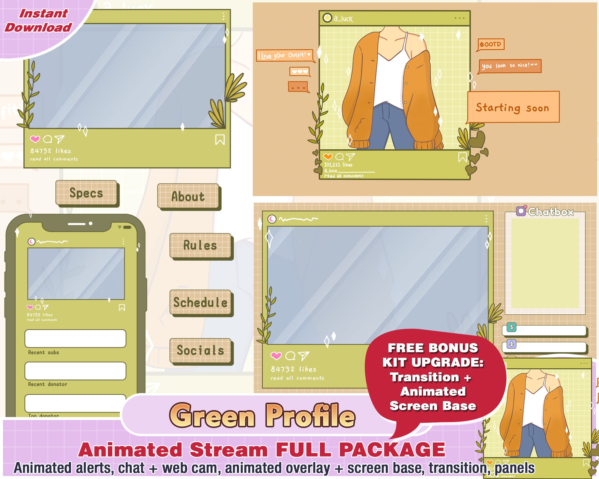 Animated Green Profile Twitch Package: Kawaii Twitch Overlays | Etsy