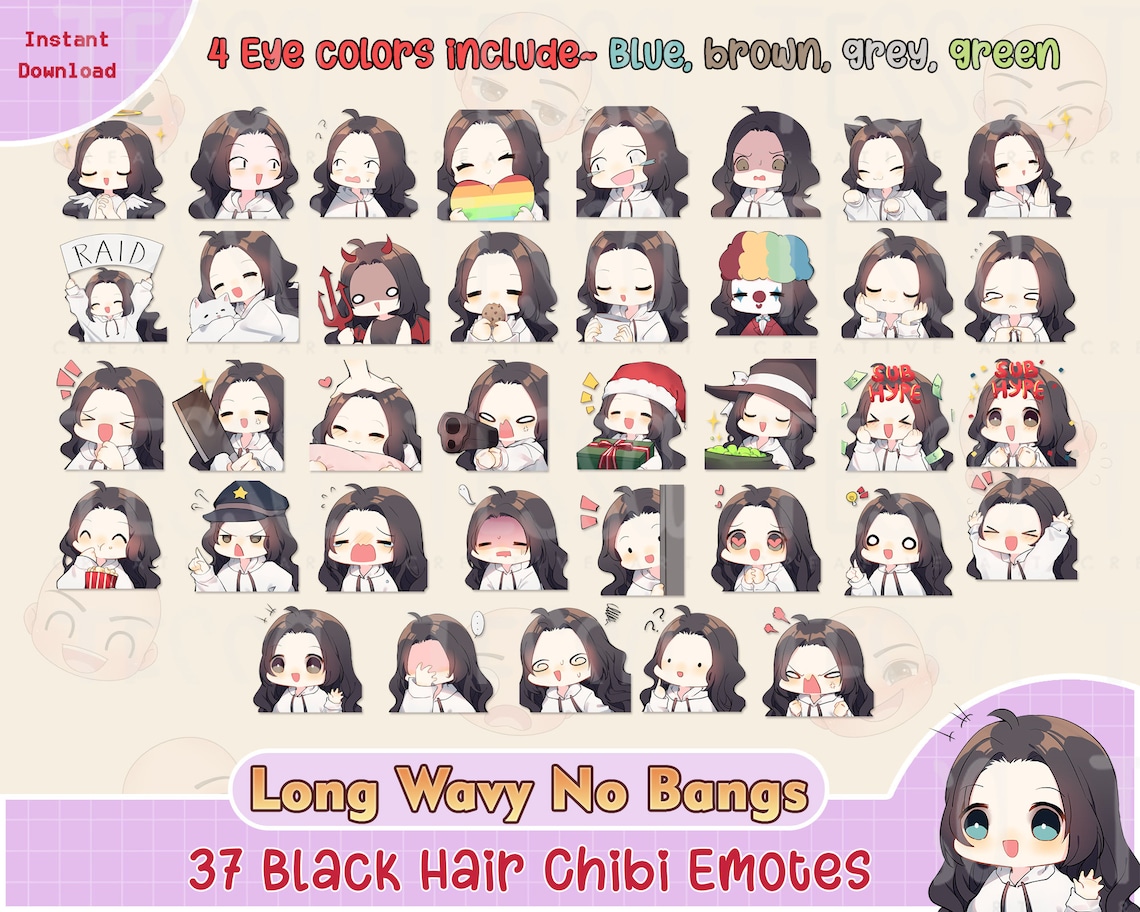 37 Cute Long Wavy Black Hair Chibi Girl Twitch Emote Ready for - Etsy