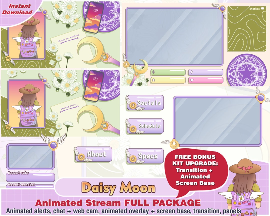 Animated Daisy Girly Sailor Moon Twitch Package, Kawaii Twitch Overlays ...