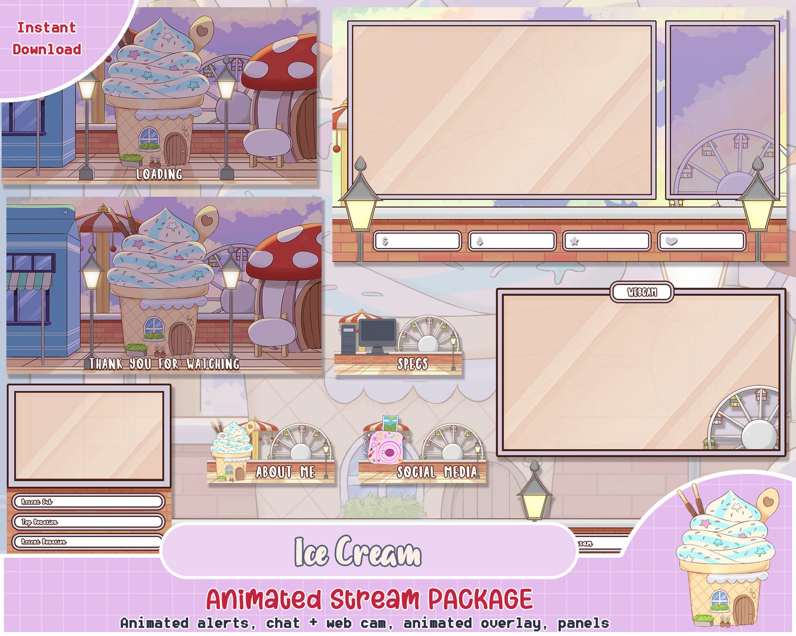 Animated ice cream themepark twitch package cute twitch | Etsy