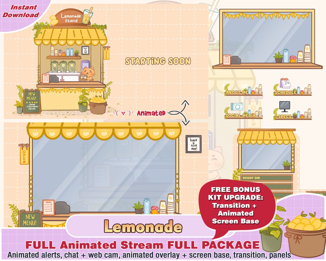 Animated Cozy Lemonade Shop Twitch Package, Twitch Stream Overlays ...