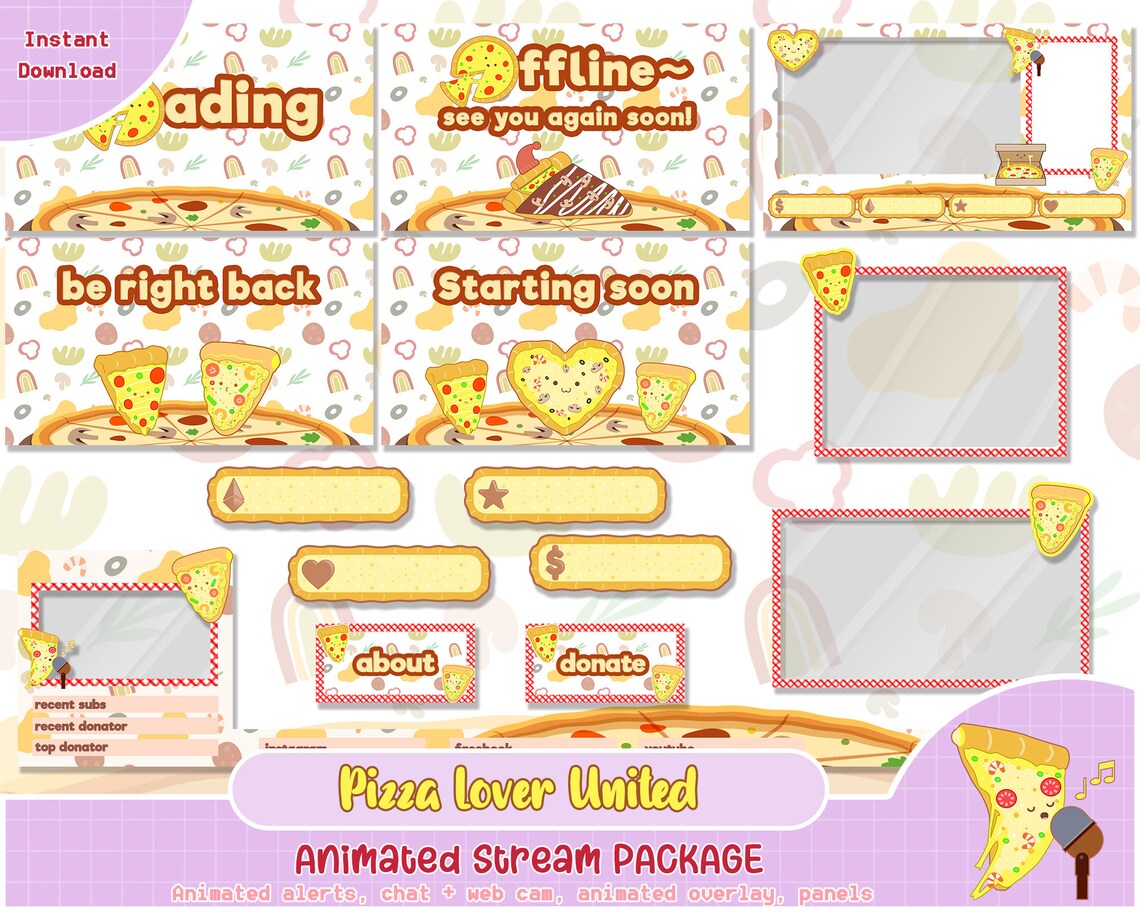 Animated pizza twitch package cute twitch overlay pizza | Etsy