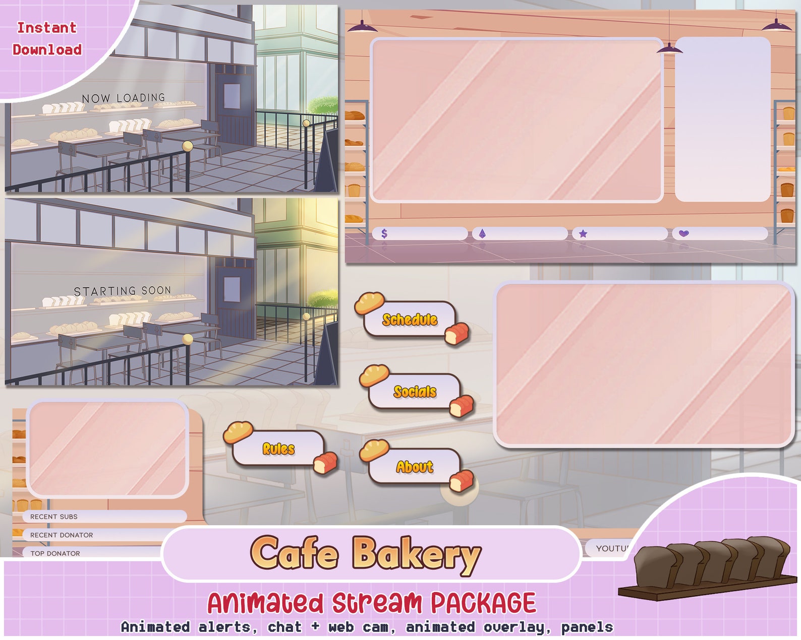 Animated café bakery twitch package: kawaii twitch overlays | Etsy