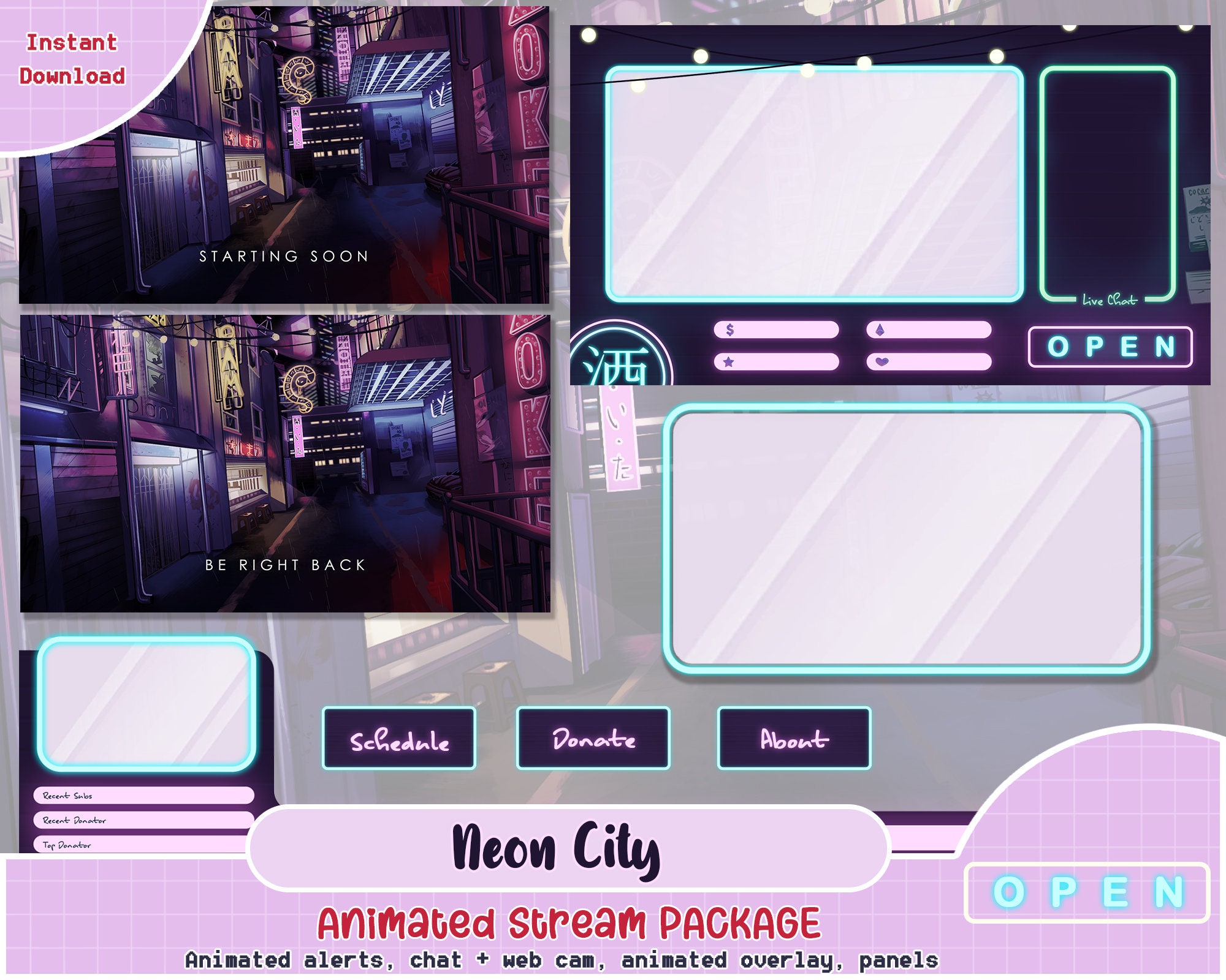 Animated neon city twitch package camera twitch overlay | Etsy