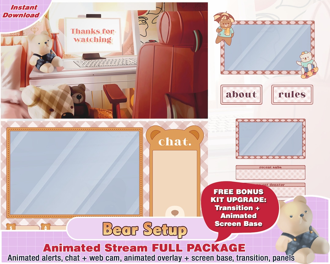 Animated Bear PC Setup Twitch Package for Streamers Overlays, Panels ...
