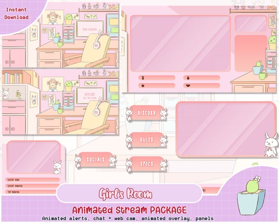 Animated pink girl room twitch package camera twitch overlay | Etsy