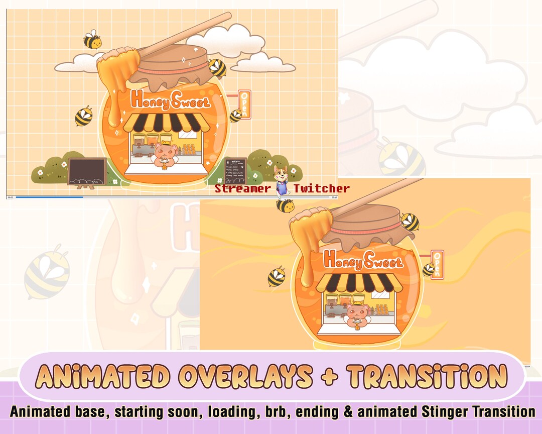 Animated Honey Bee Bear Yellow Twitch Overlays Banner Base, Starting Soon, Brb, Thank You ...