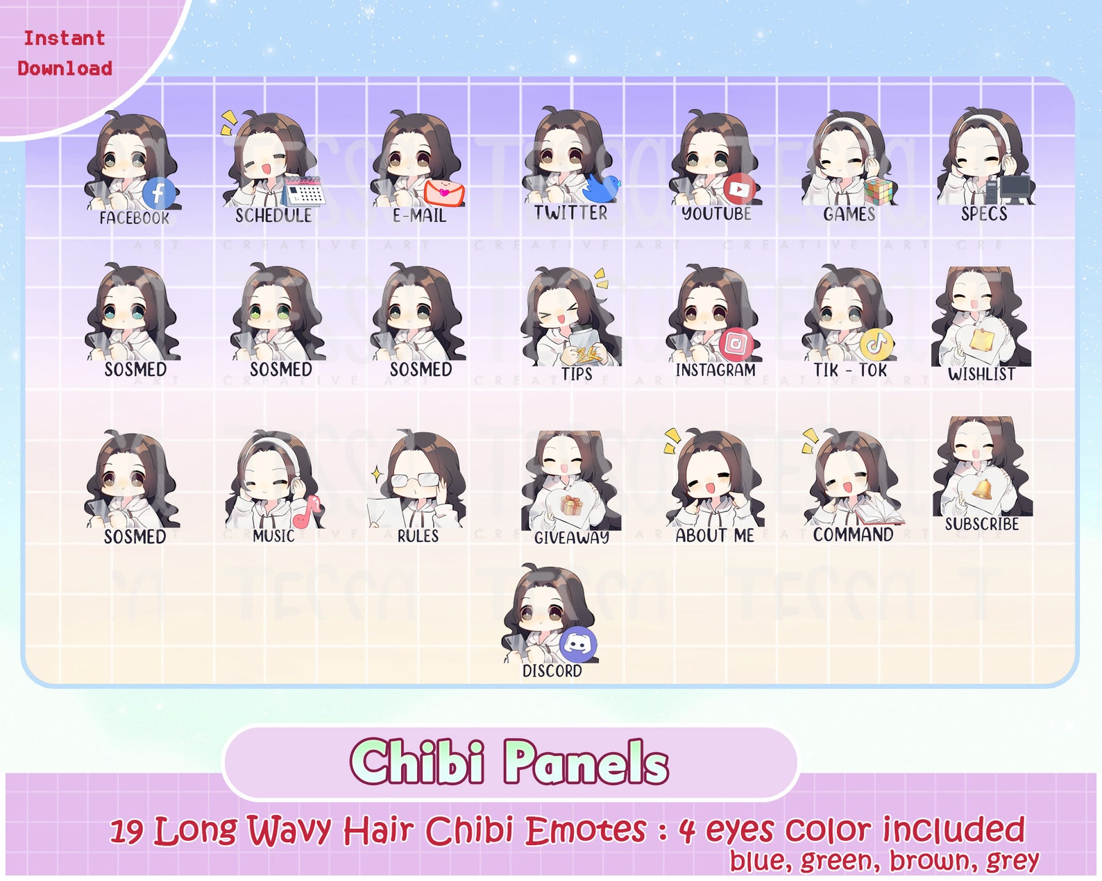 Long Wavy Fair Skin Hair Cute Chibi Twitch Panel, Custom Panel, Kawaii ...