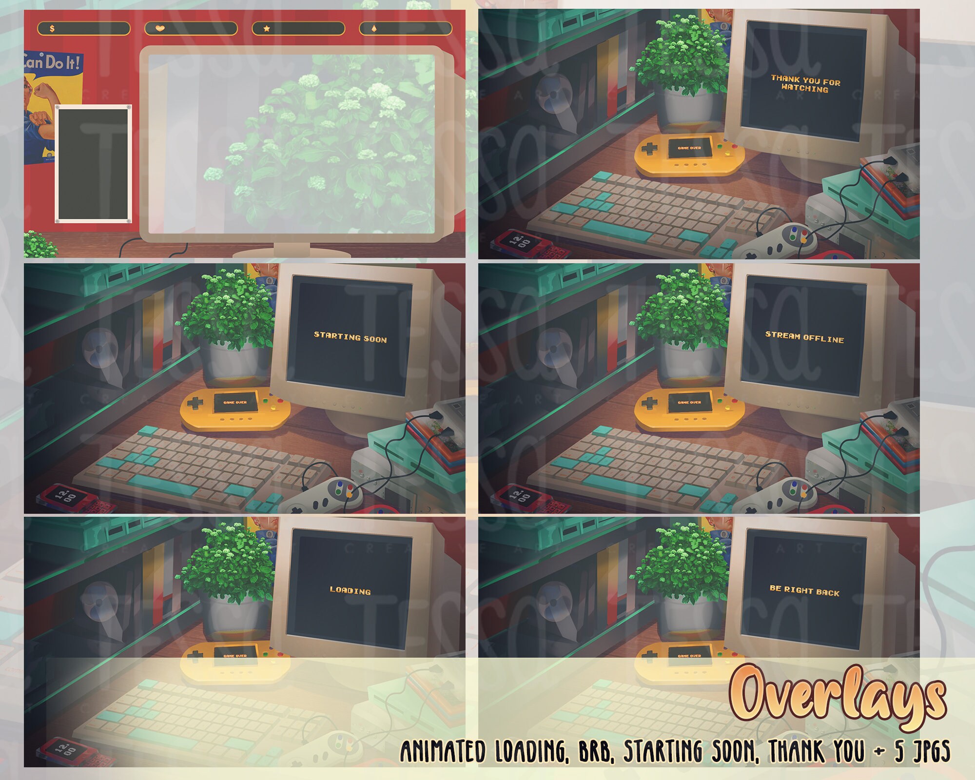 Animated retro pc setup twitch package cute twitch overlays | Etsy