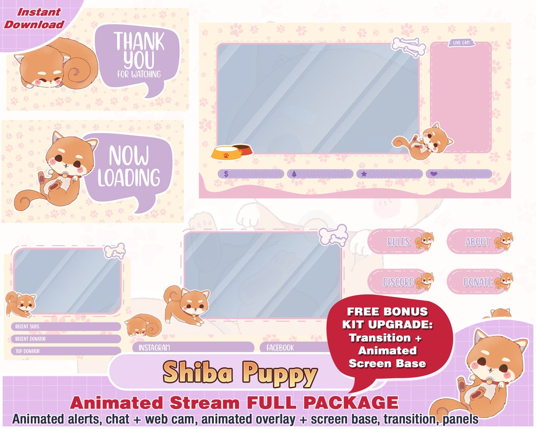Puppy Dog Twitch Package, Kawaii Twitch Overlay, Panels, Alerts, Cute ...
