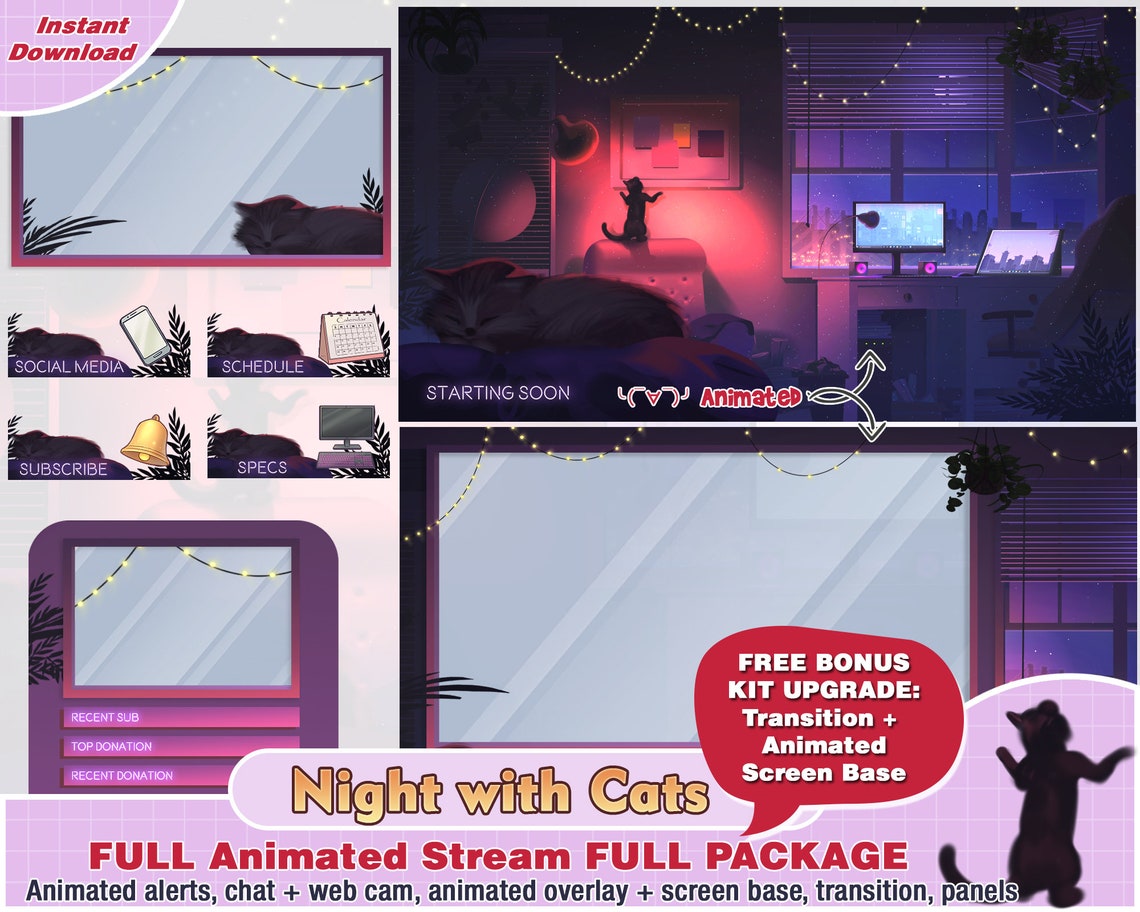 Animated Night Kitty Cat Room Twitch Package Starting Twitch - Etsy