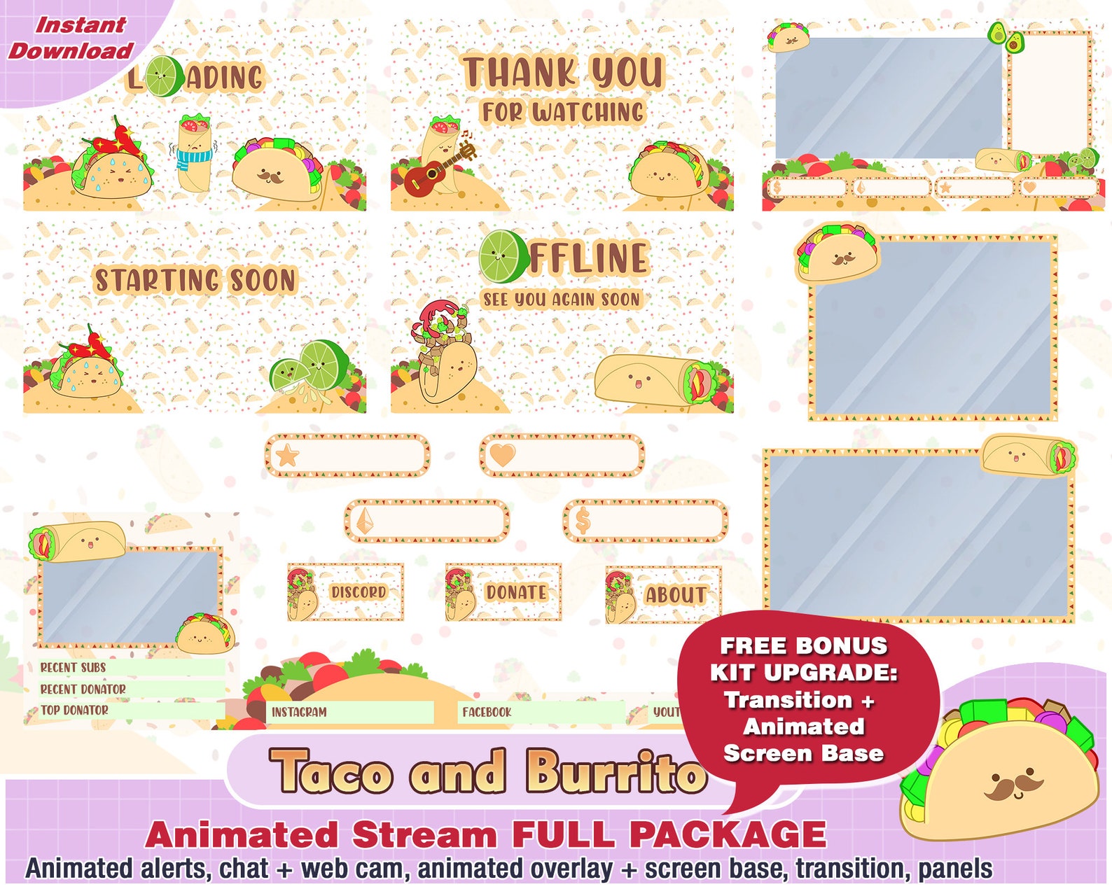 Taco Burrito Twitch Package, Cute Twitch Overlay, Animate Screen ...