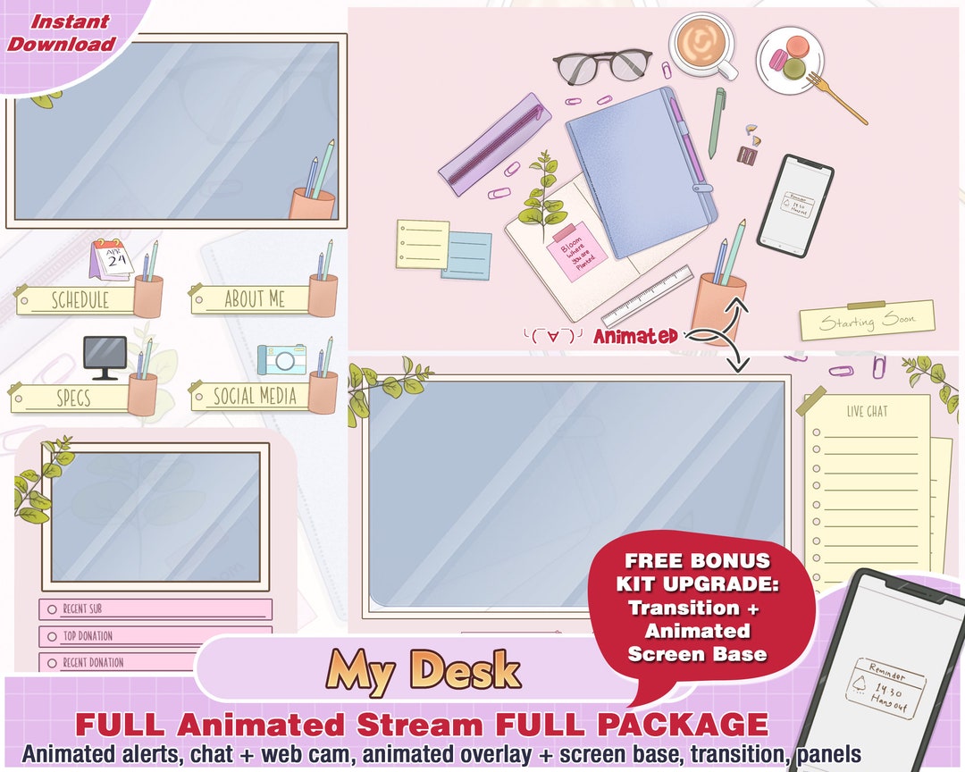 Animated Lofi Study My Desk Cute Twitch Overlay Package for Youtube ...