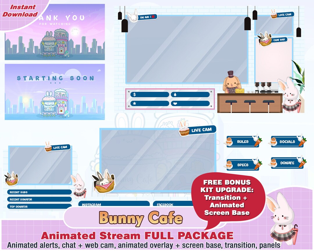 Animated Cafe Bunny Twitch Package, Kawaii Twitch Overlay, Panels ...