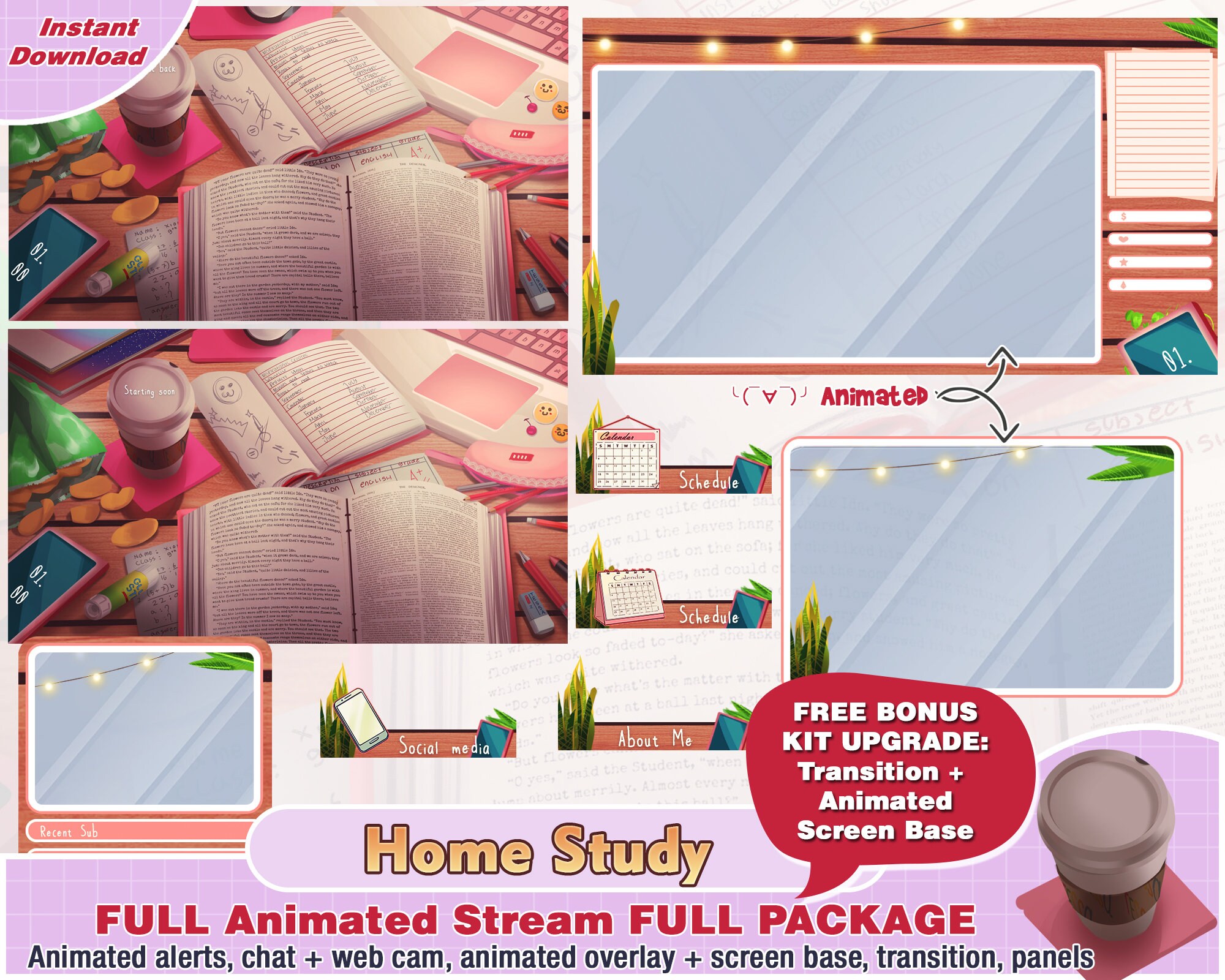Animated Home Work Study Twitch Package Cute Twitch Overlay | Etsy