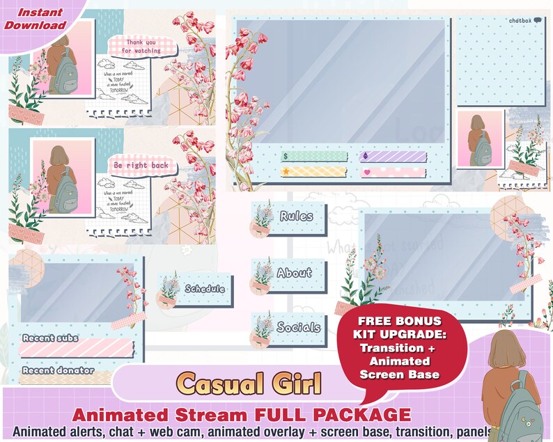 Animated Casual Girly Twitch Package: Kawaii Twitch Overlays - Etsy