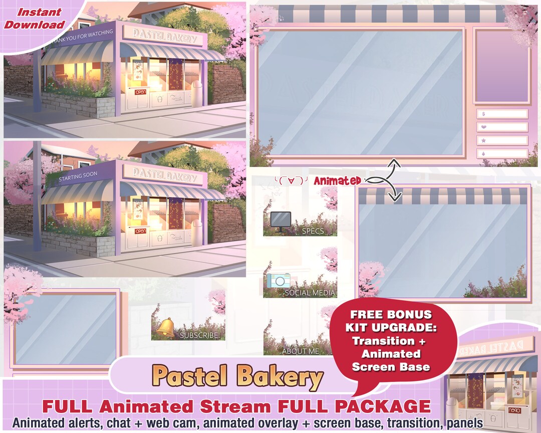 Animated Pastel Bakery Twitch Package, Cute Twitch Overlay, Pink Cake ...