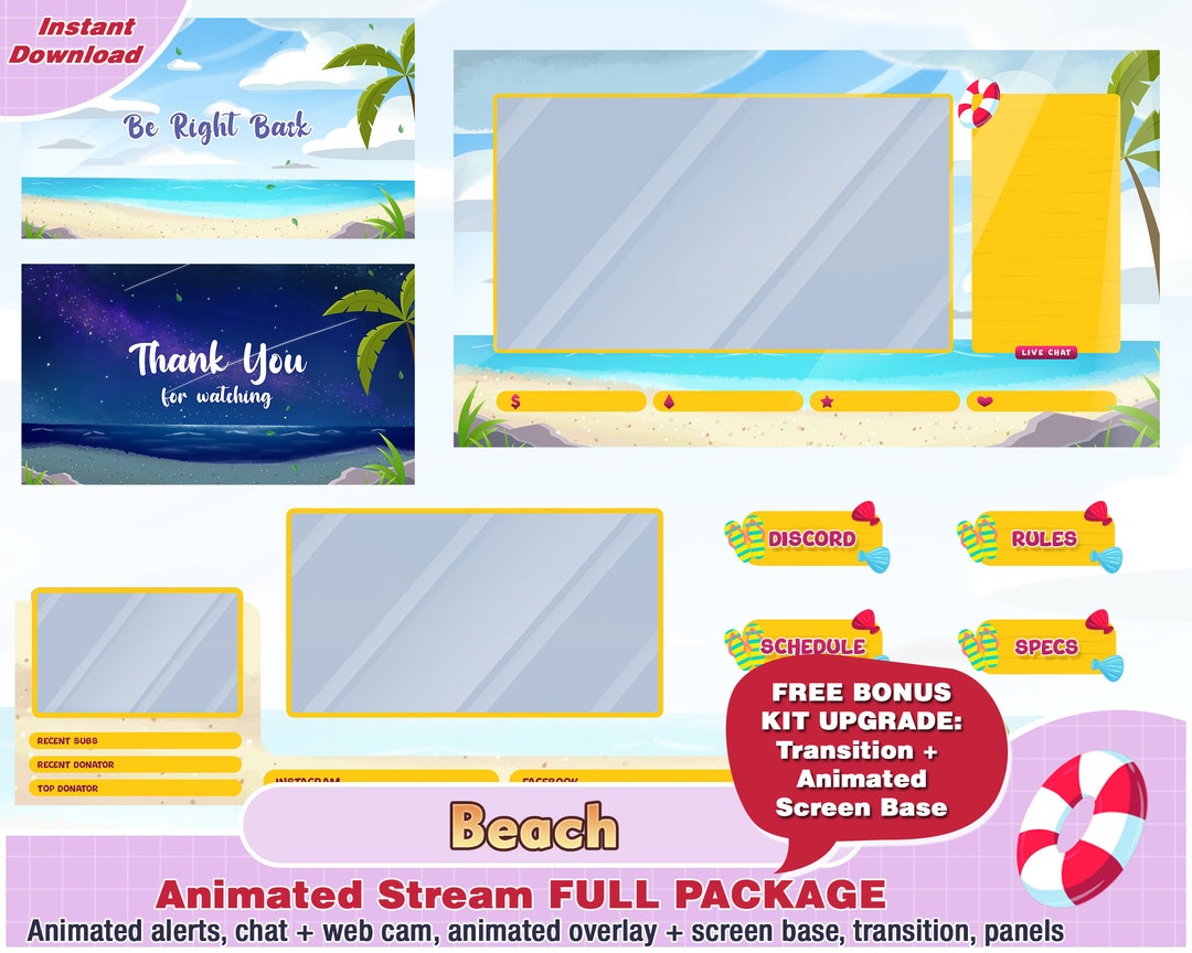 Animated Beach Summer Sea Twitch Package, Kawaii Twitch Overlay, Panel ...