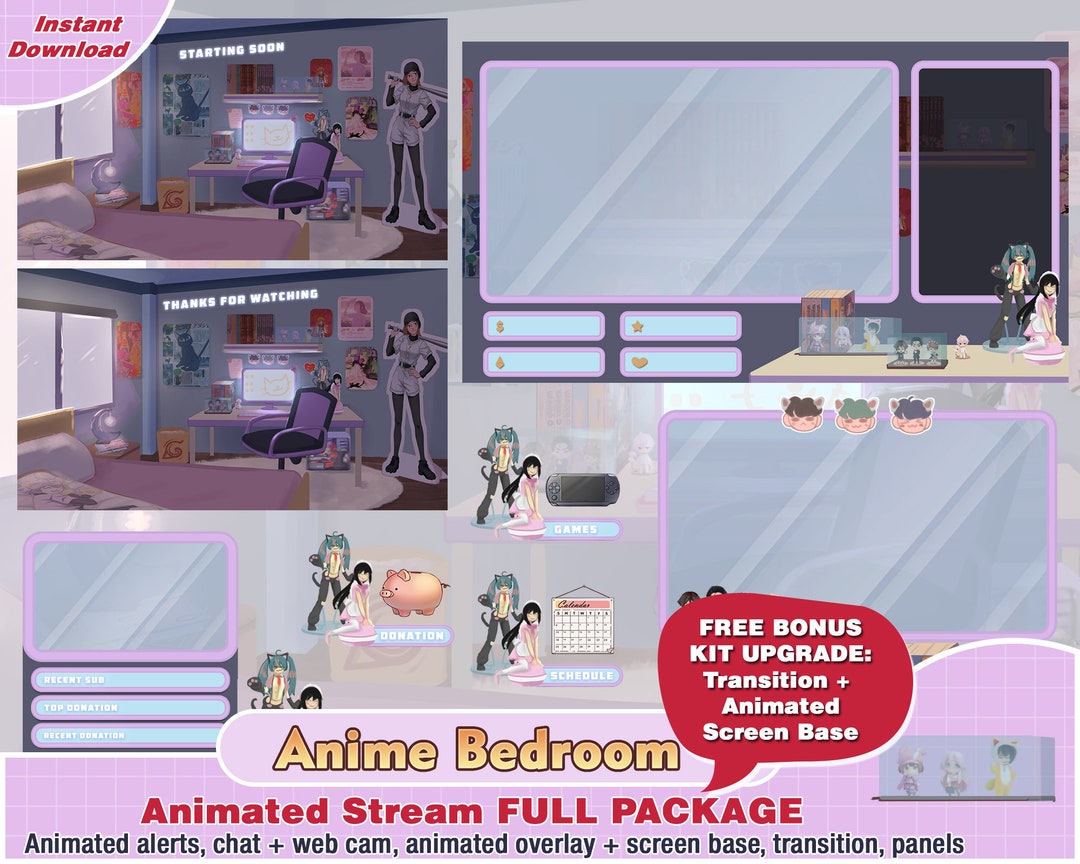 Animated Anime Bedroom Twitch Package, Cute Twitch Overlay, Aesthetic ...