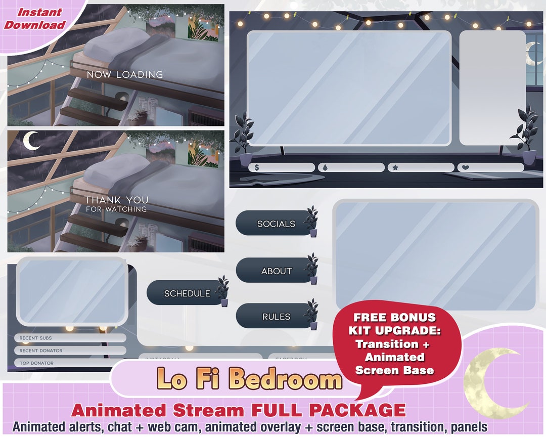 Animated Lo Fi Bedroom Twitch Package: Twitch Cam Overlays, Panels ...