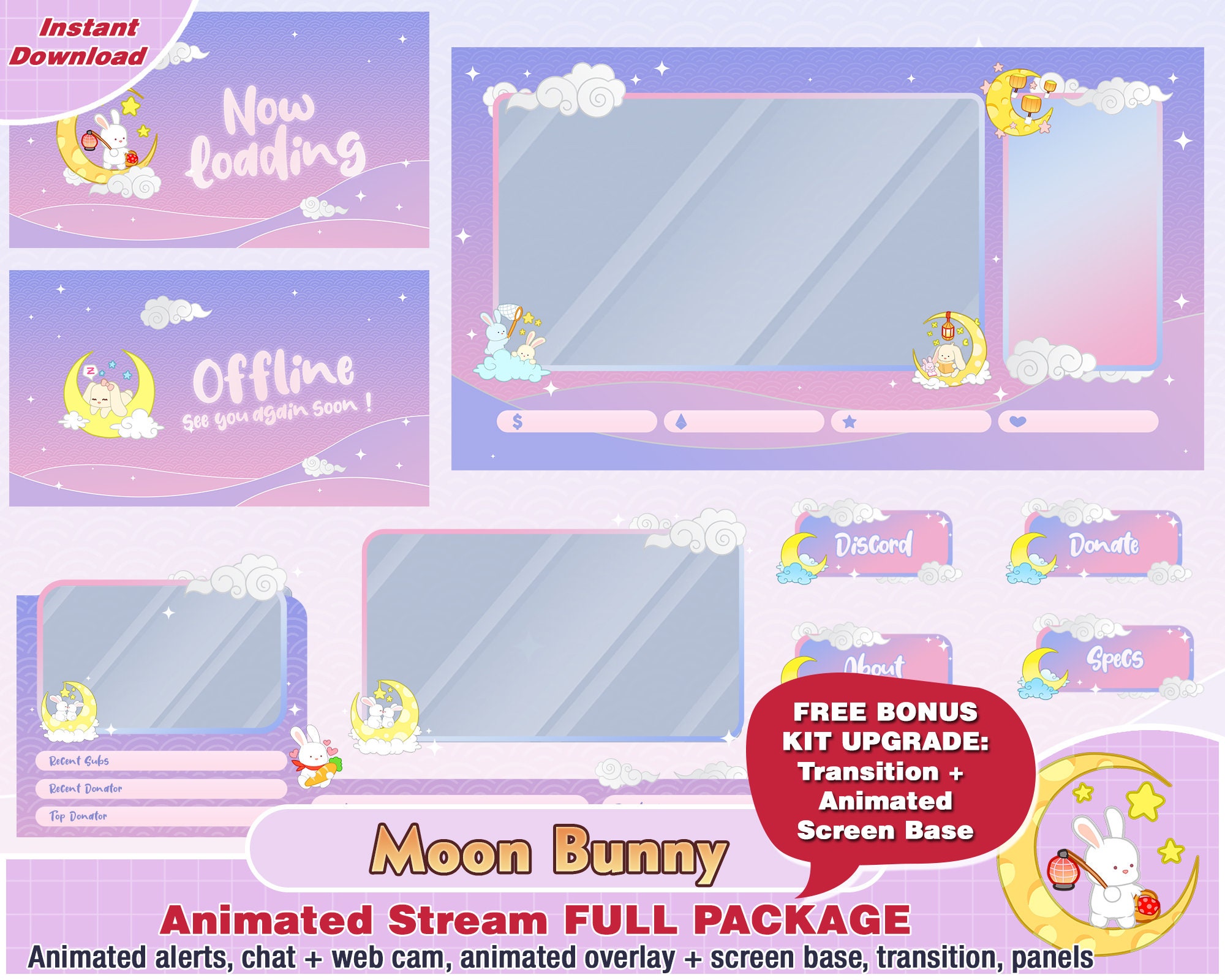 Animated Moon Bunny Twitch Package Kawaii Twitch Overlay - Etsy