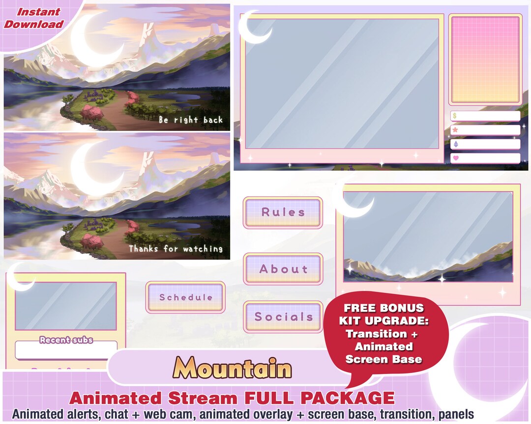 Animated Crescent Moon Twitch Package, Kawaii Twitch Overlay, Panels ...