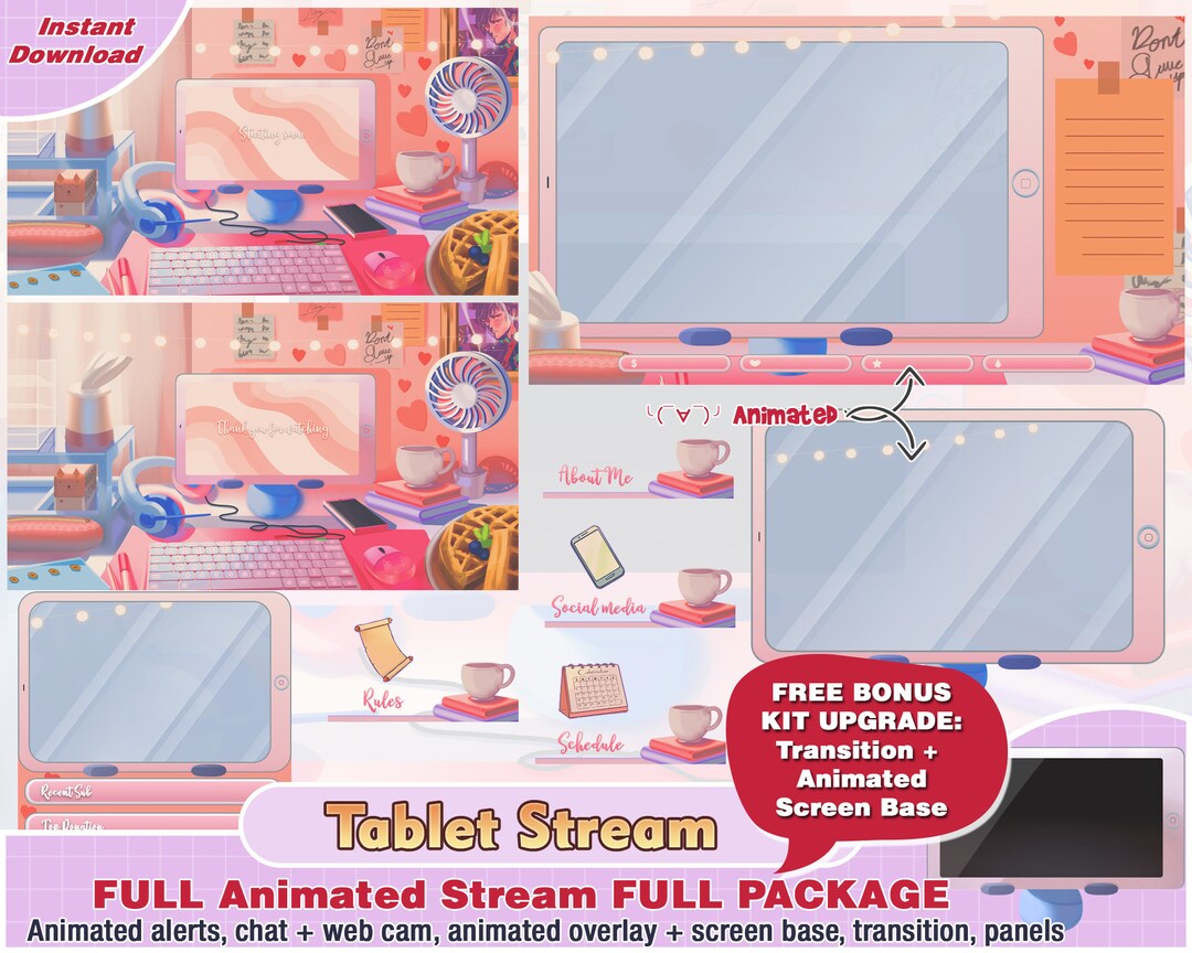 Animated Pink Tablet Live Vtuber Twitch Package, Cute Twitch Overlay ...