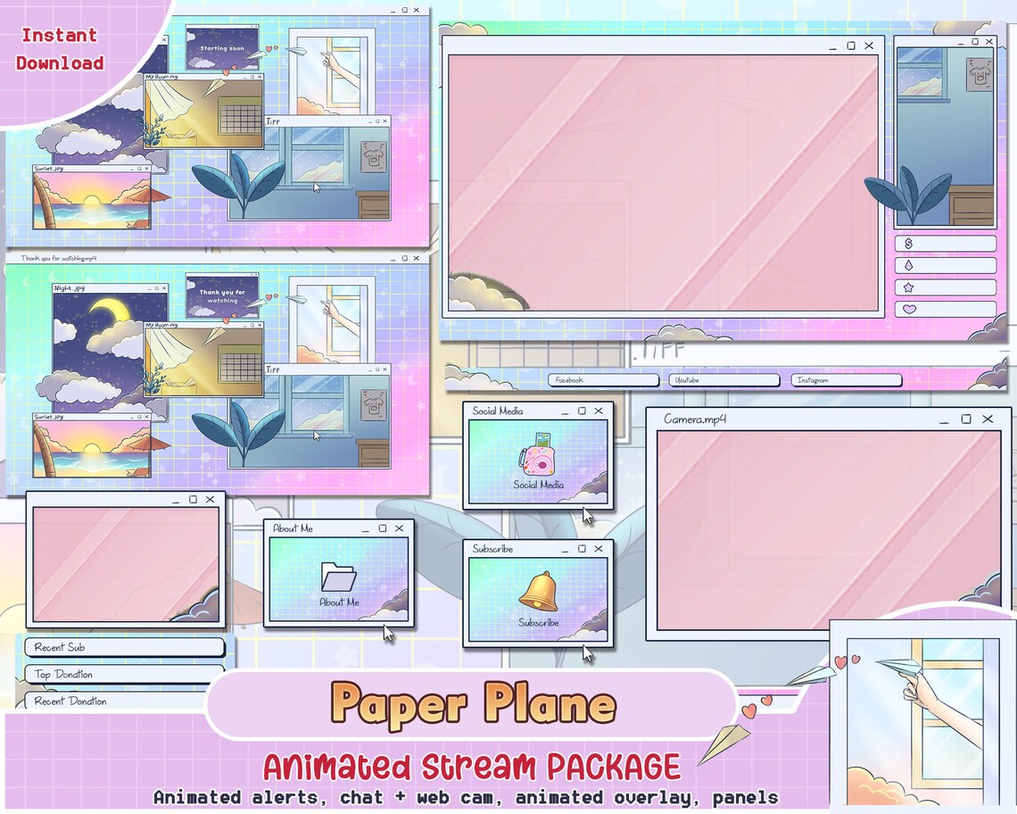 Animated paper plane desktop twitch package: cute overlays | Etsy