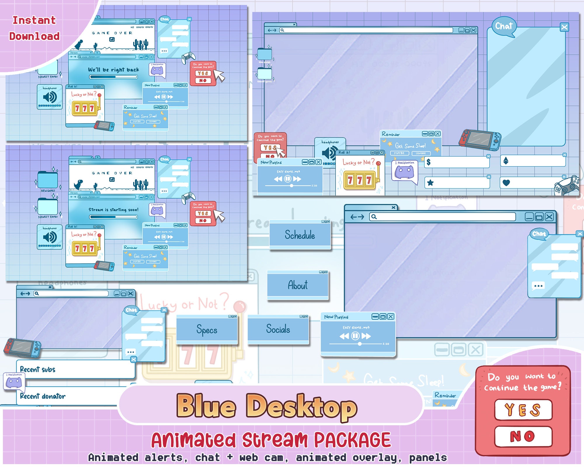 Animated blue gamer twitch package: kawaii twitch overlays | Etsy