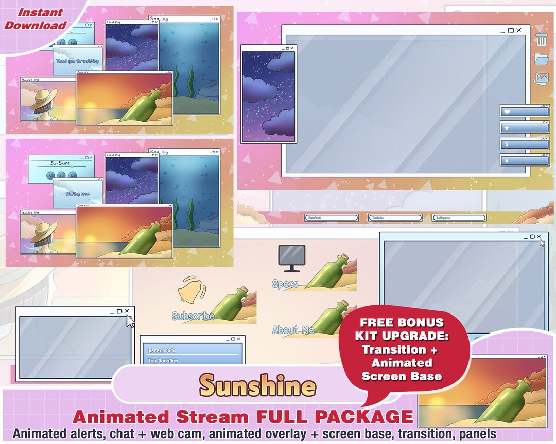 Animated Sunshine Sunset Twitch Package: Cute Twitch Overlays, Kawaii ...