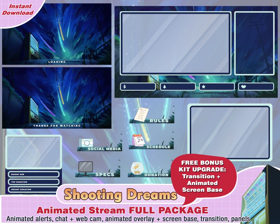 Animated Shooting Dreams Twitch Package, Cozy Twitch Overlay, Anime ...