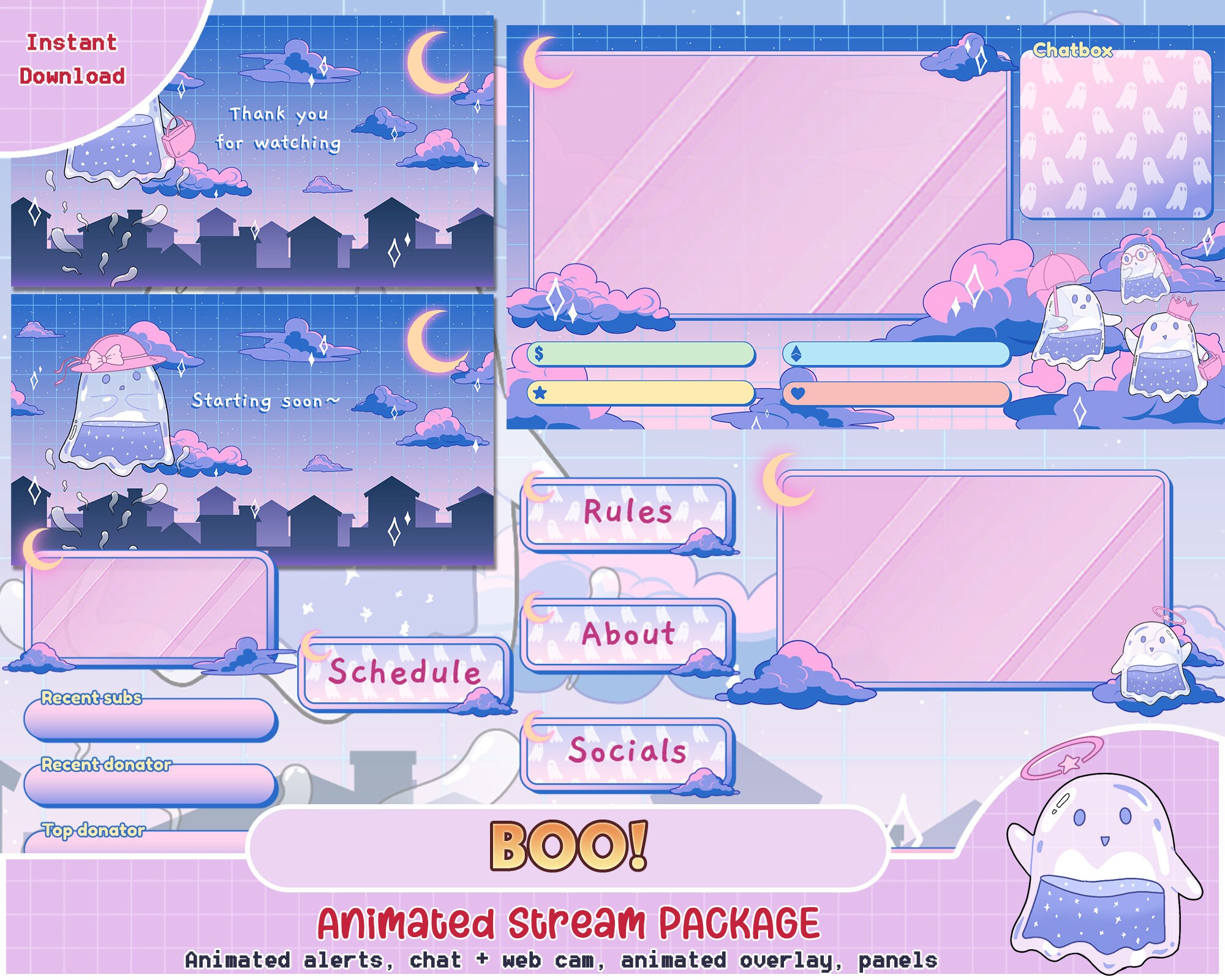 Animated little boo night twitch package twitch cam overlay | Etsy