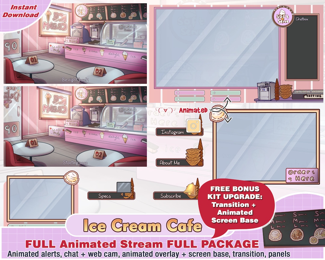 Animated Cute Kawaii Cozy Ice Cream Cafe Twitch Package for Youtube ...