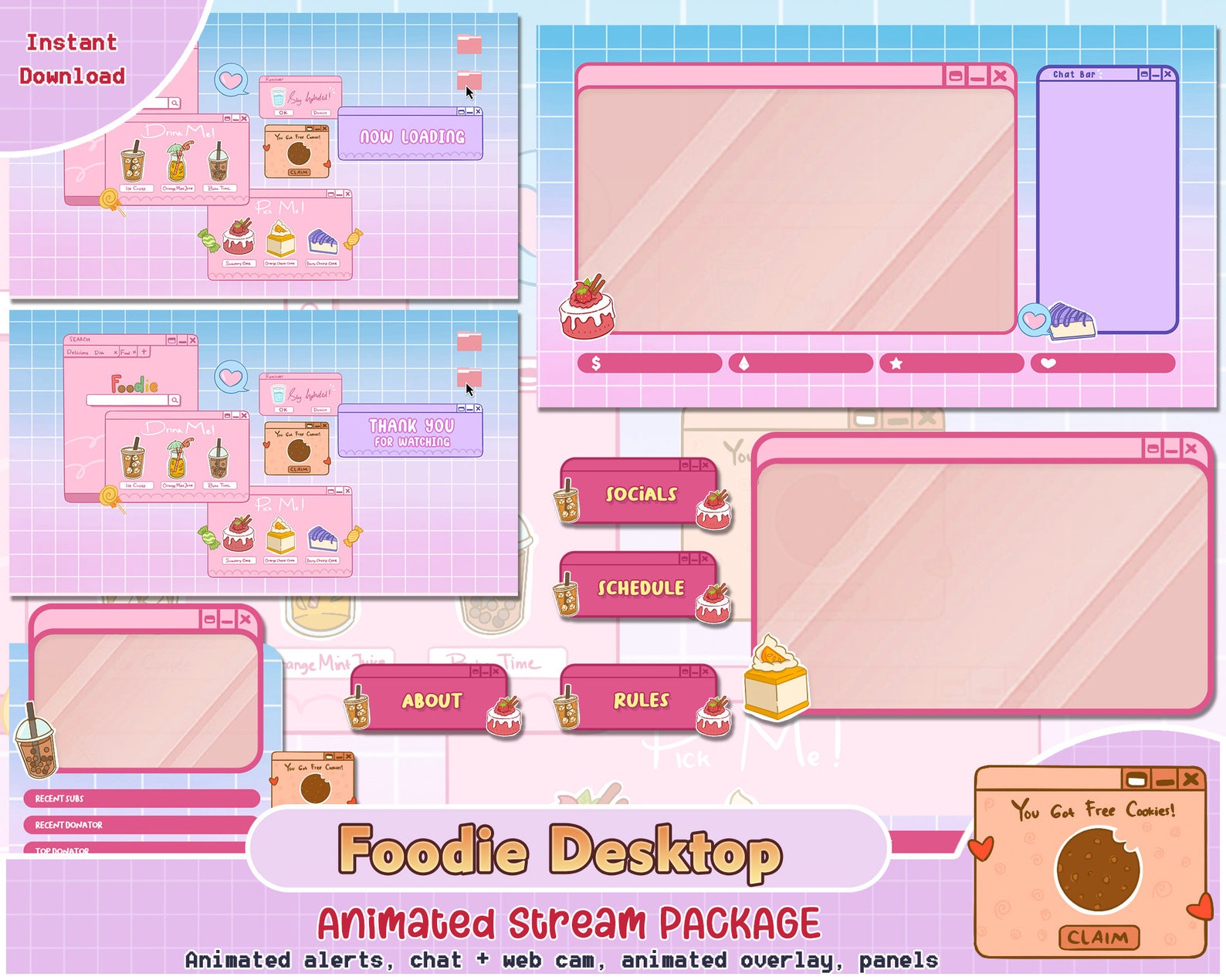 Animated foodie desktop twitch package: cam twitch overlays | Etsy