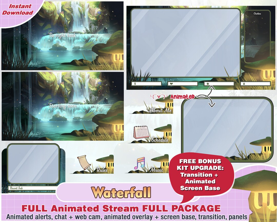 Animated Cozy Cute Waterfall Twitch Package for Streamer to Stream on ...