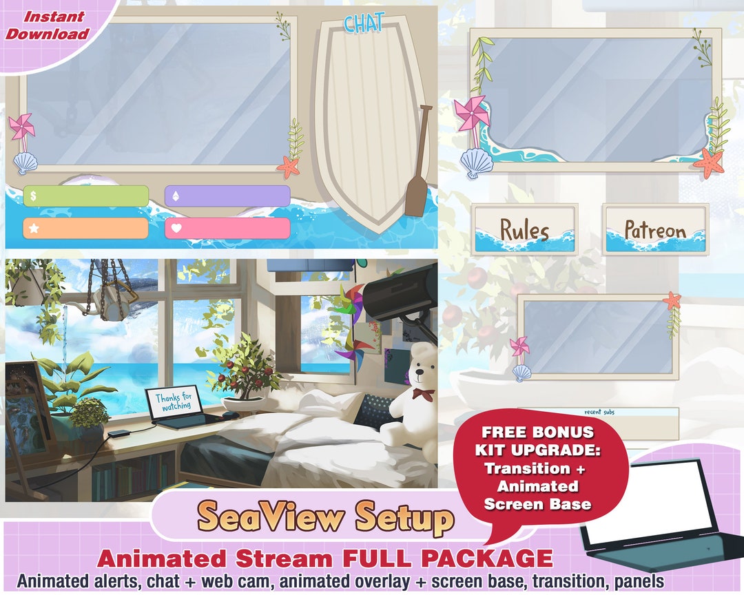 Animated Beach Sea Bedroom View Twitch Package, Twitch Stream Overlays ...