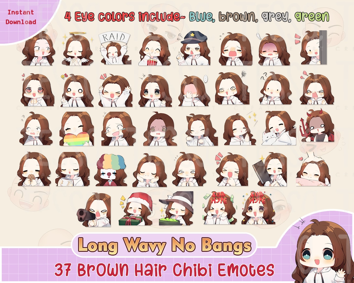 37 Cute Long Wavy Brown Chibi Girl Twitch Emote Ready for | Etsy