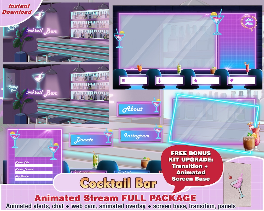 Animated Cocktail Bar Twitch Package, Face Cam Twitch Overlay, Twitch ...
