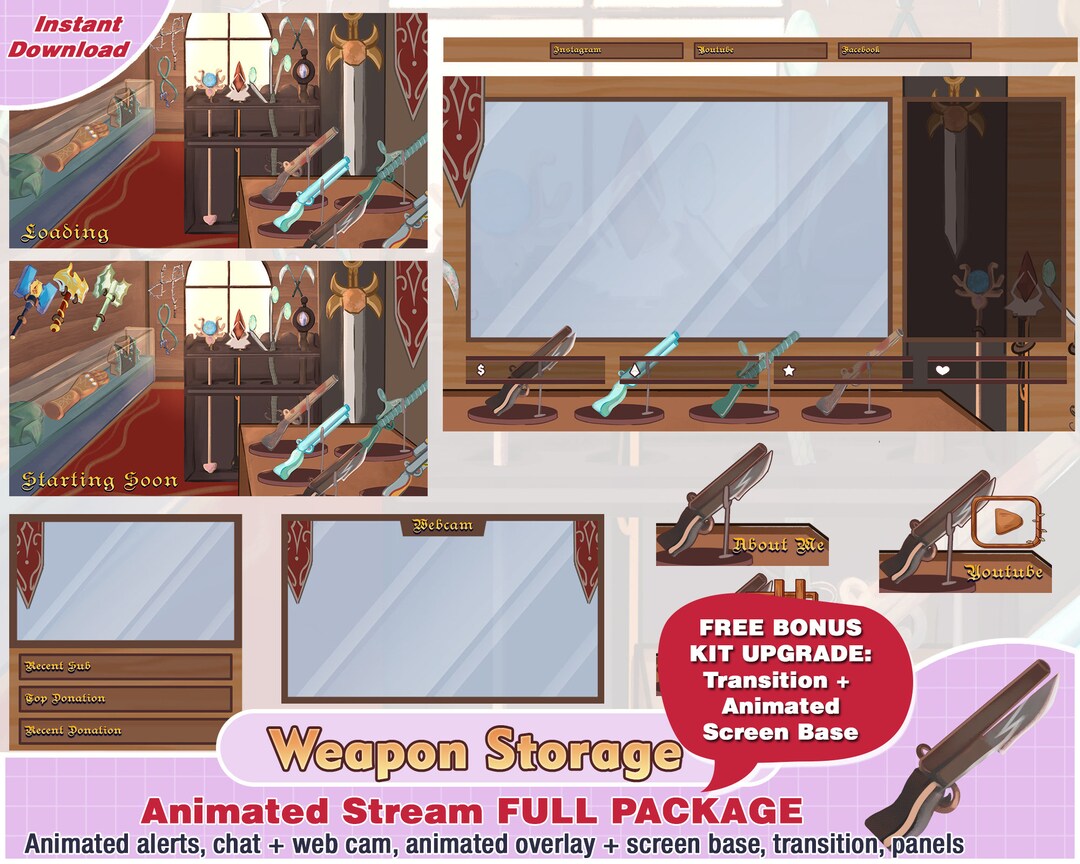 Animated Weapon Rpg Games Twitch Package, Cute Twitch Overlay, Panels ...