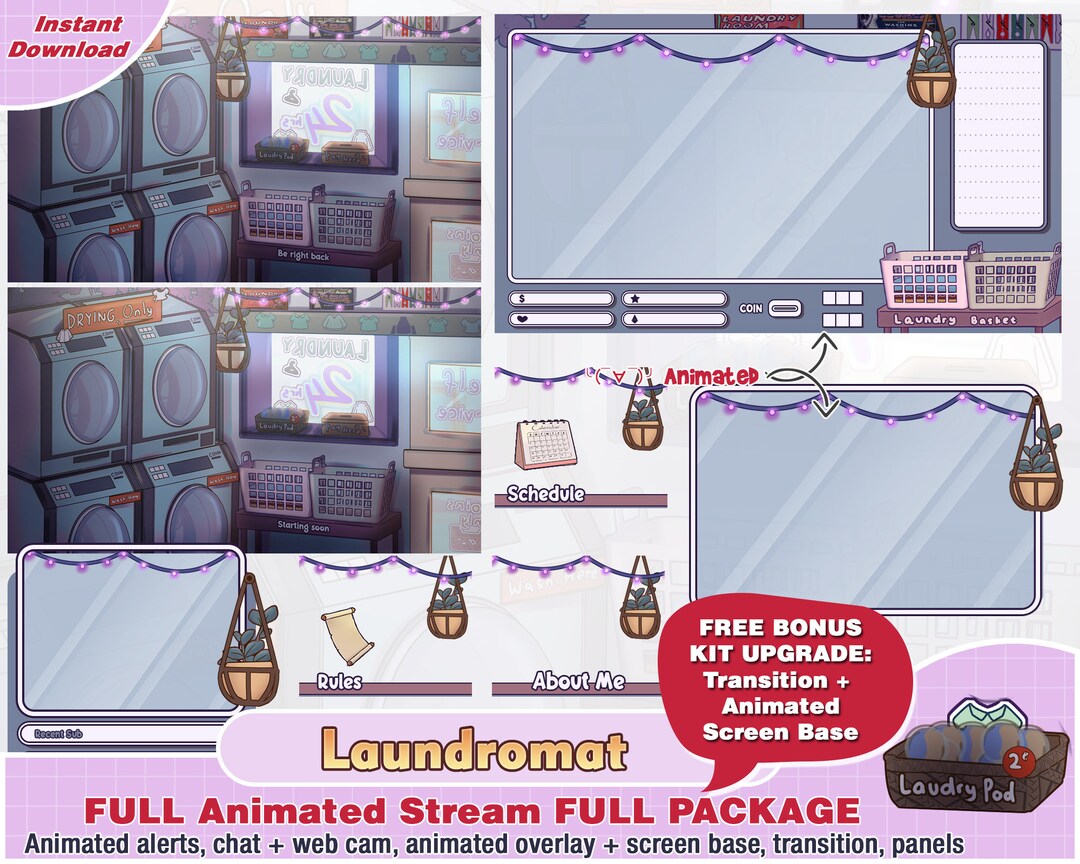 Animated Laundry Laundromat Twitch Package, Cute Twitch Overlay, Panels ...