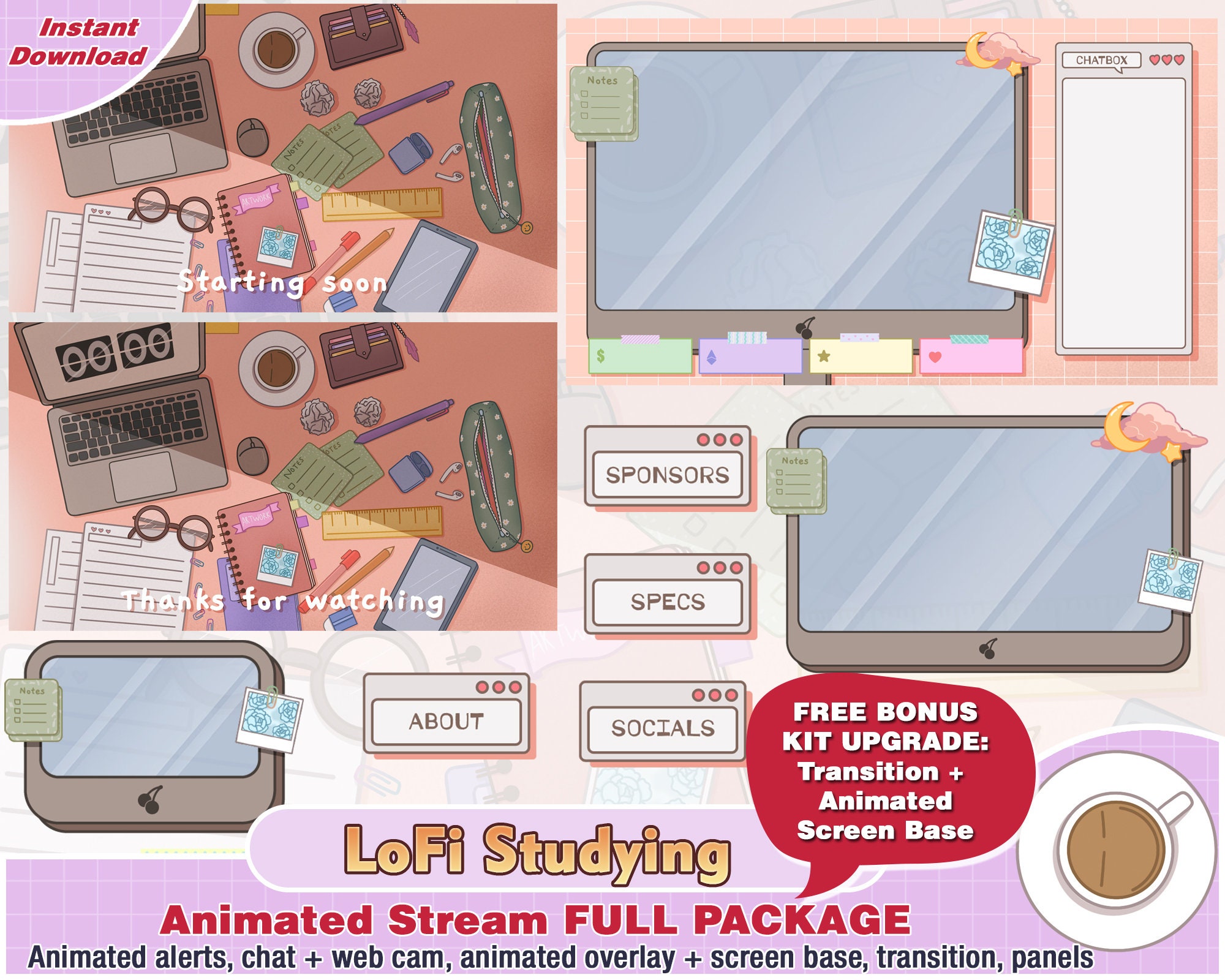 ANIMATED Lofi Desk Twitch Package/ Overlays/Panels/Webcam Border Calm ...
