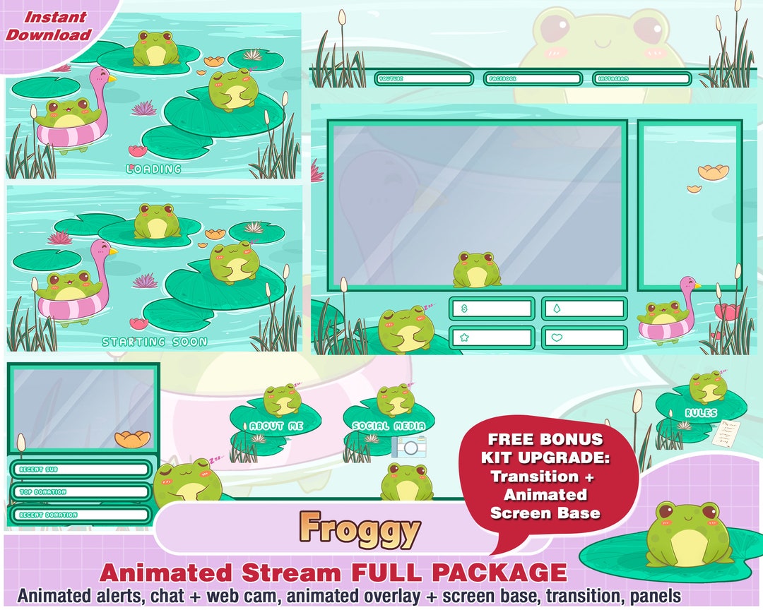 Animated Froggy Twitch Package, Cute Twitch Overlay, Aesthetic, Panels ...