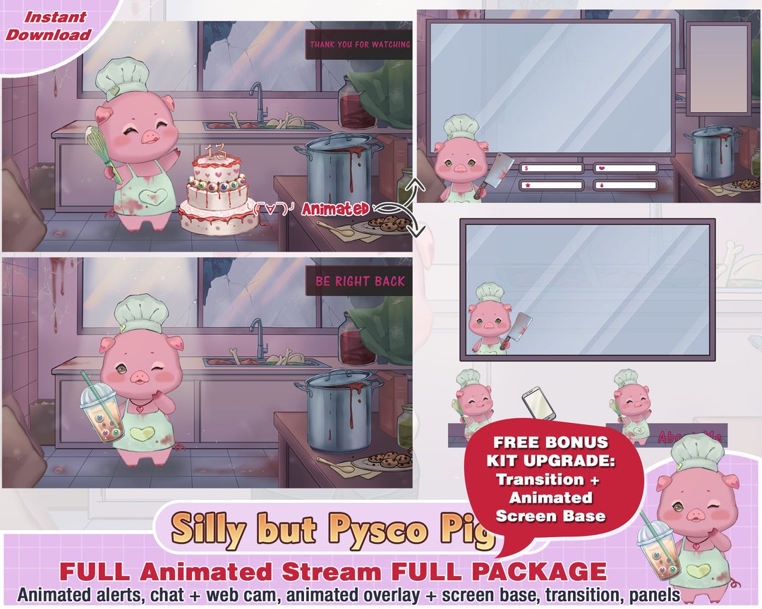 Animated Stream Cute Silly but Psycho Pig Twitch Stream Package, Piggy ...