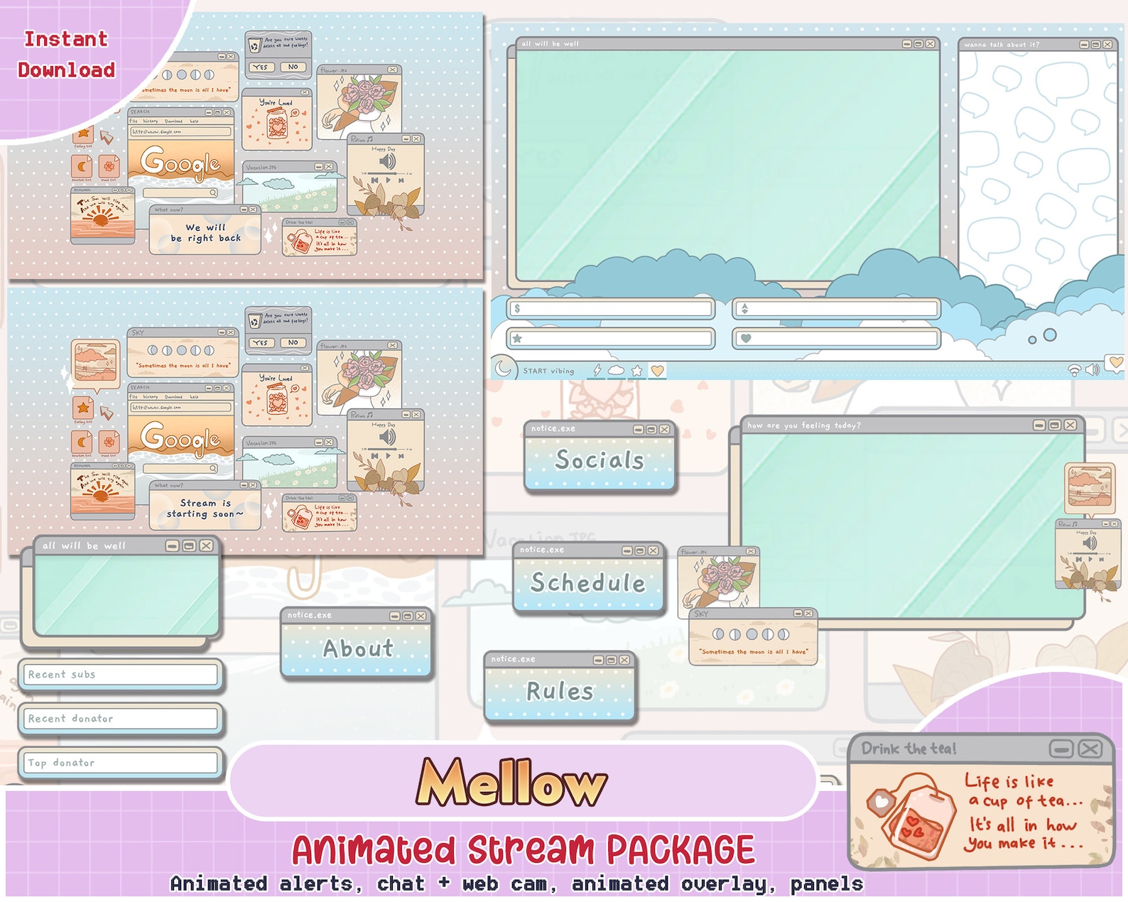 Animated mellow vibe twitch package kawaii twitch overlays | Etsy