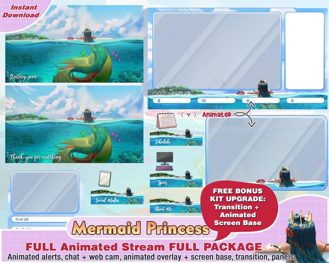 Animated Mermaid Princess Twitch Package: Kawaii Twitch Overlays, Panel ...