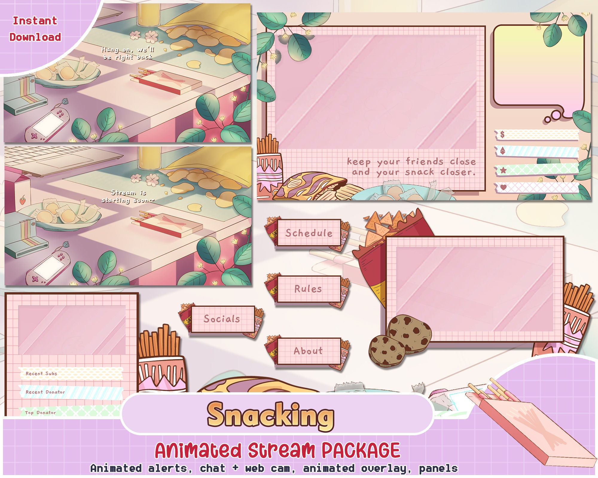 Animated snack cookie twitch package: cam twitch overlays | Etsy