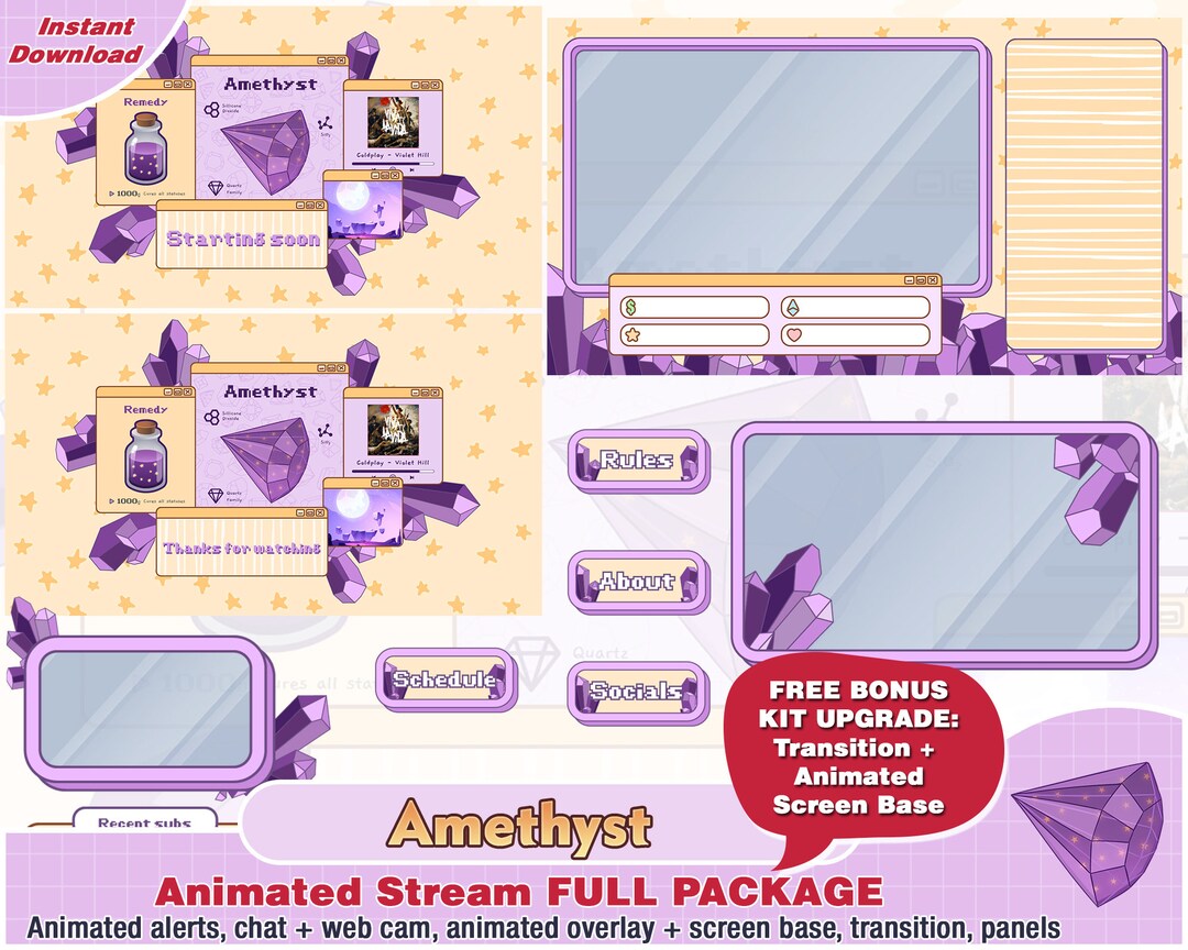 Animated Amethyst Crystal Purple Twitch Package, Twitch Cam Overlays ...