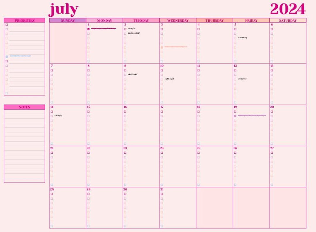 Funky Pink July 2024-july 2025 Google Sheets Calendar - Etsy